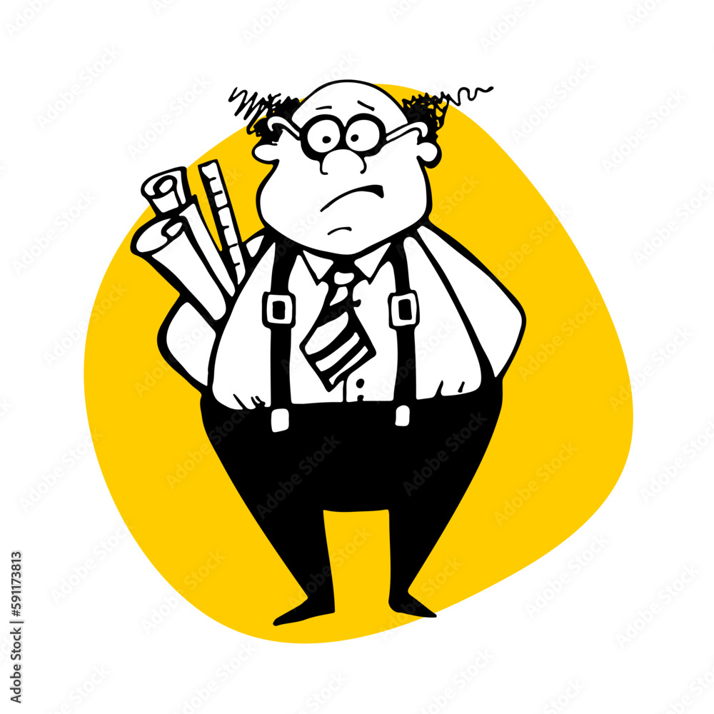 Black and white drawing old crazy professor or teacher with spiky hair ...