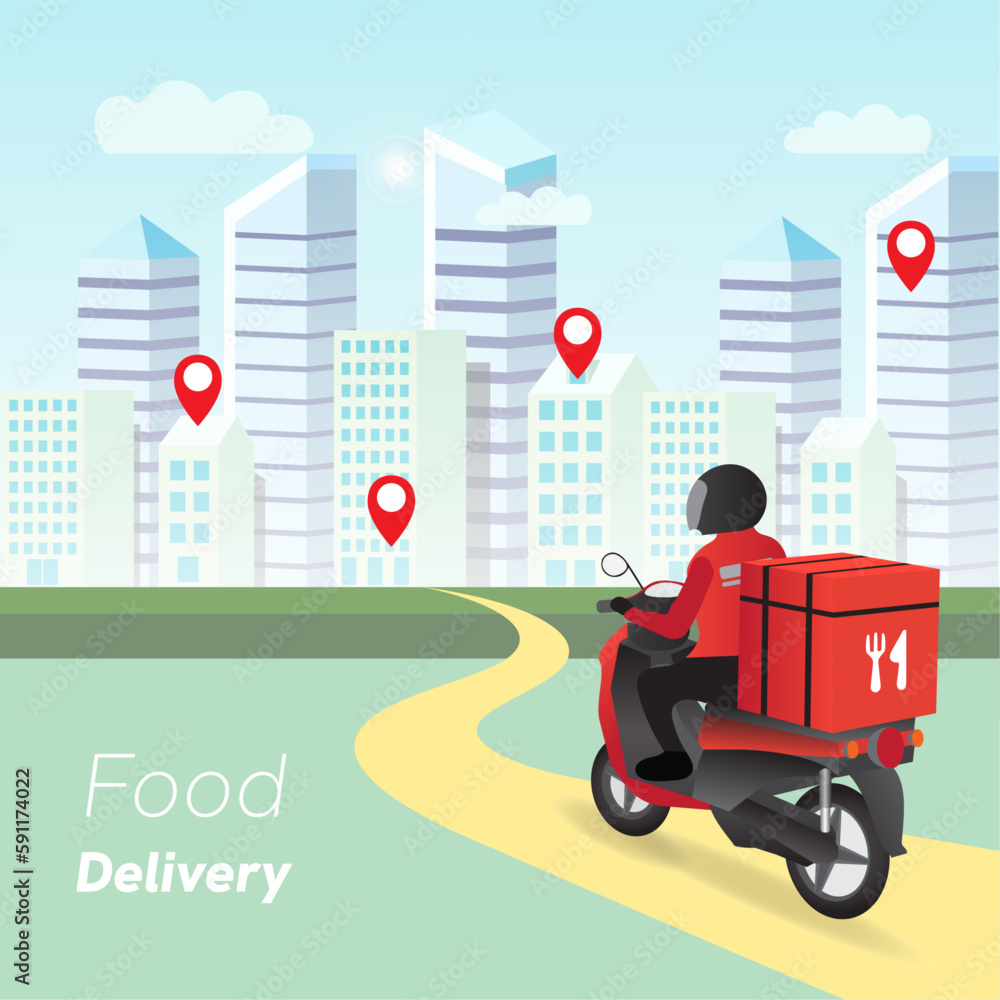food delivery worker is delivering food to customers in the city on a ...
