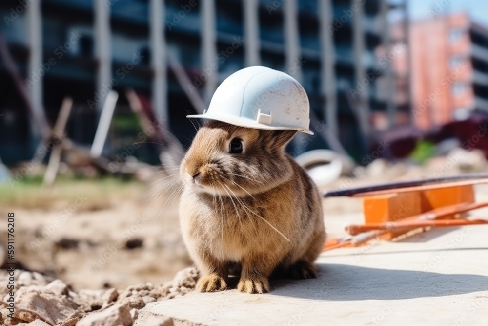 Engineer rabbit in a work helmet on a construction site. Construction ...