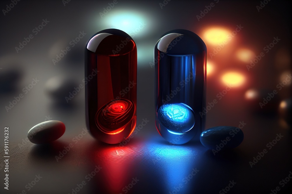Red and blue pill. Selection symbols. Science fiction culture ...