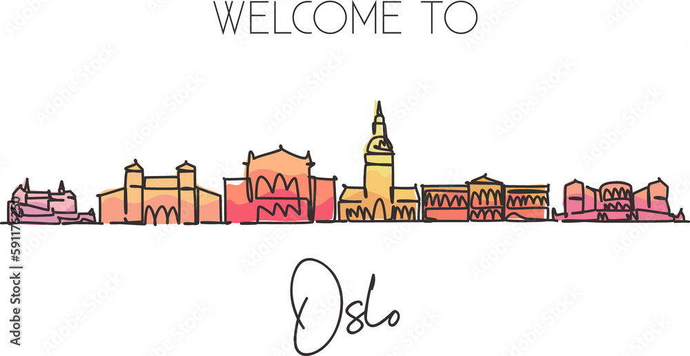 One single line drawing of Oslo city skyline, Norway. World historical ...