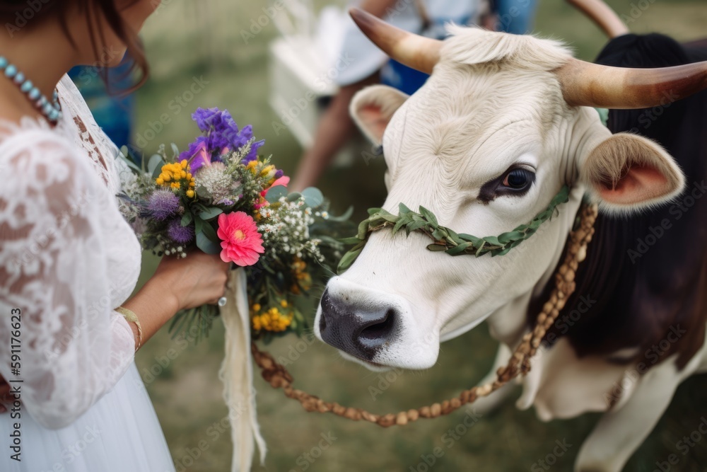 a cow at a wedding with flowers came to congratulate the bride and ...