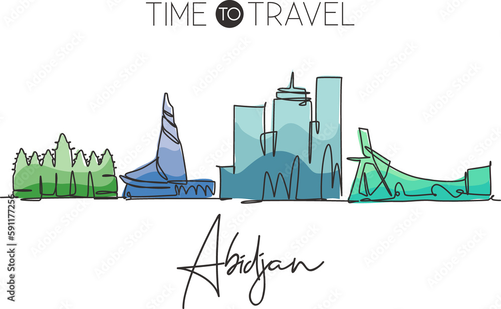 One single line drawing Abidjan city skyline, Ivory Coast. Historical ...