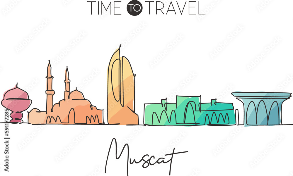 One single line drawing of Muscat city skyline, Oman. Historical town ...