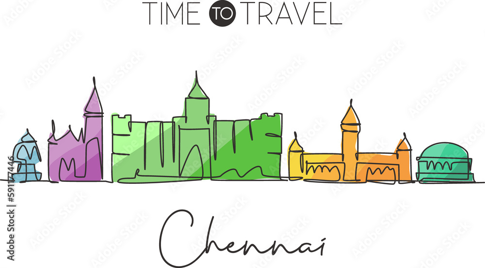 One continuous line drawing of Chennai city skyline, India. Beautiful ...