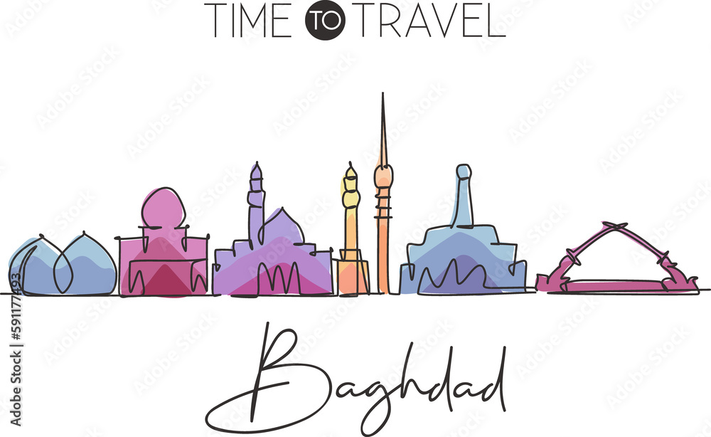 One continuous line drawing of Baghdad city skyline, Iraq. Beautiful ...