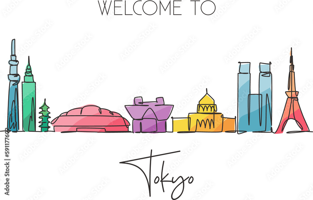 One continuous line drawing of Tokyo city skyline, Japan. Beautiful ...
