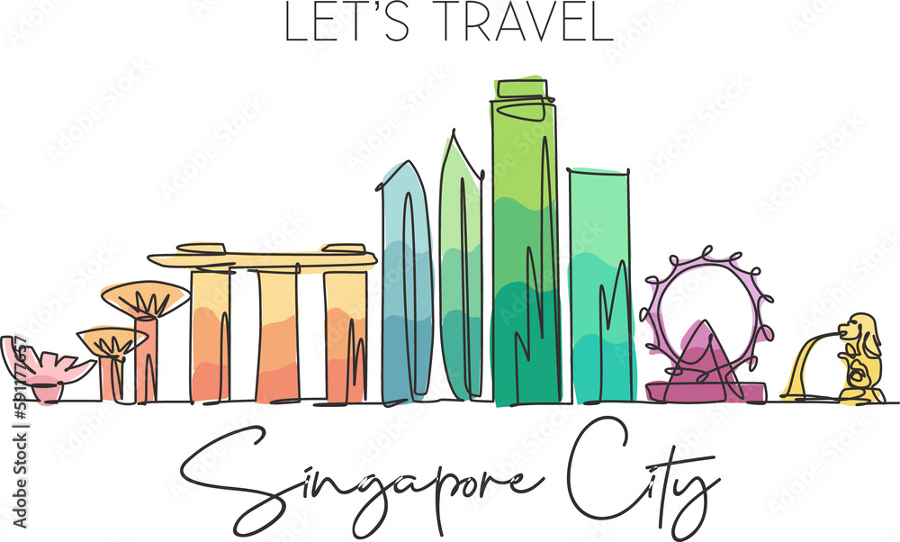 One single line drawing of Singapore city skyline. Historical town ...