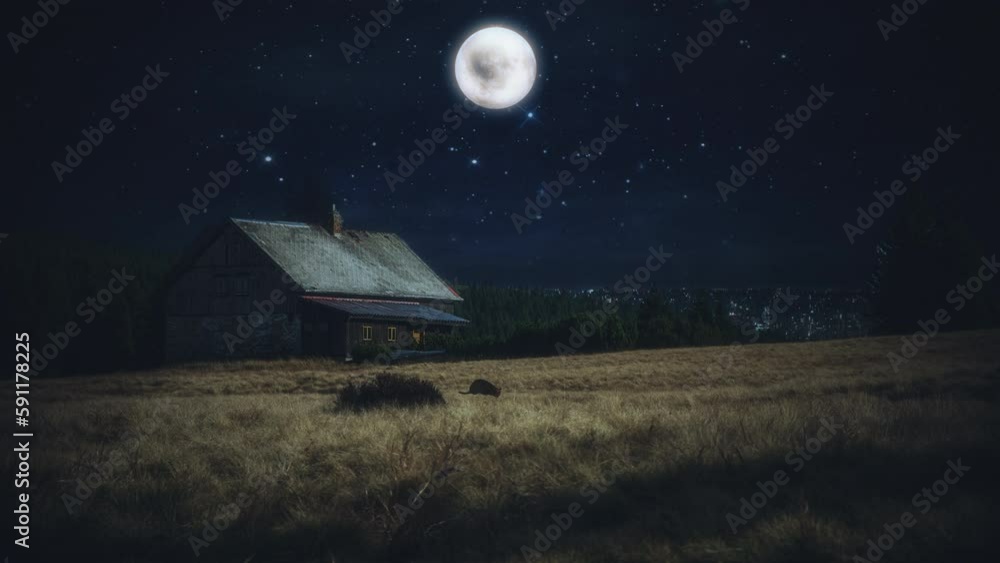 Countryside House Moonlight City Skyline Zoom In Nighttime Scene. Full ...