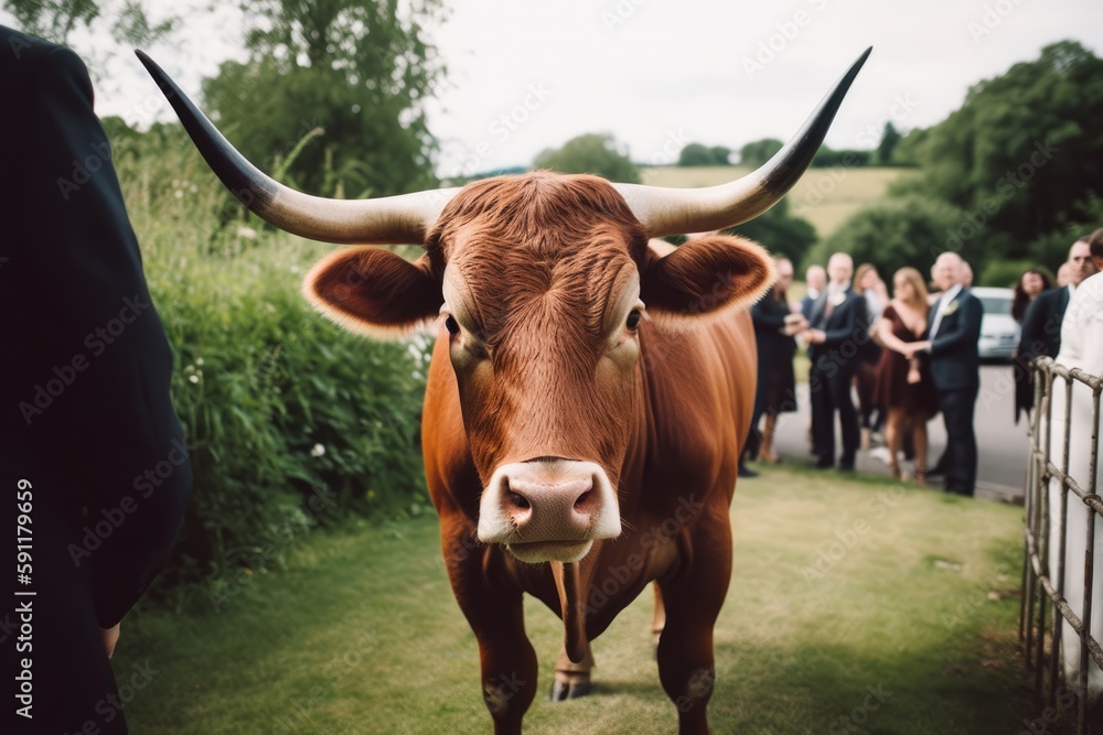 a bull at a wedding with flowers came to congratulate the bride and ...