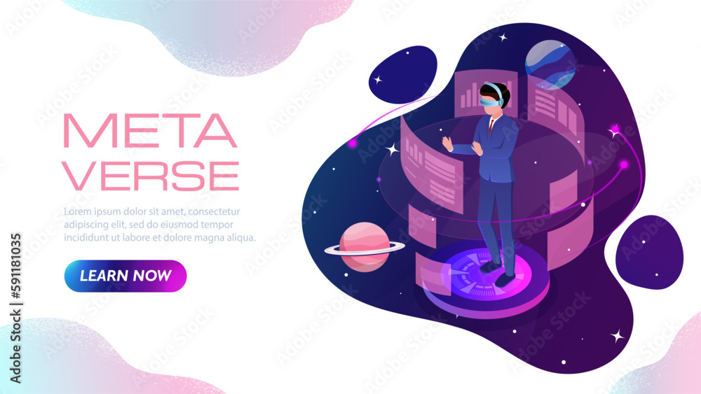 Metaverse banner concept. Man in vr glasses looks at graphs and ...