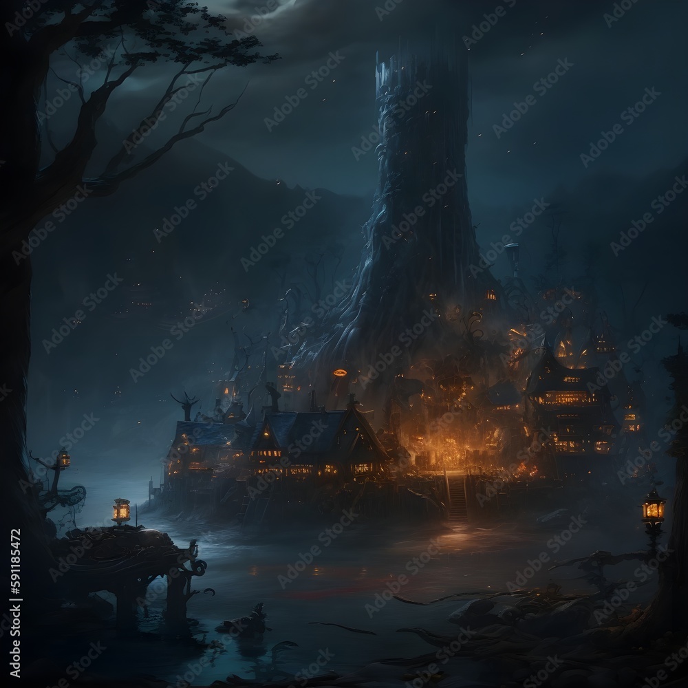 fantastical and magical fantasy city made from roots vines trees in a ...