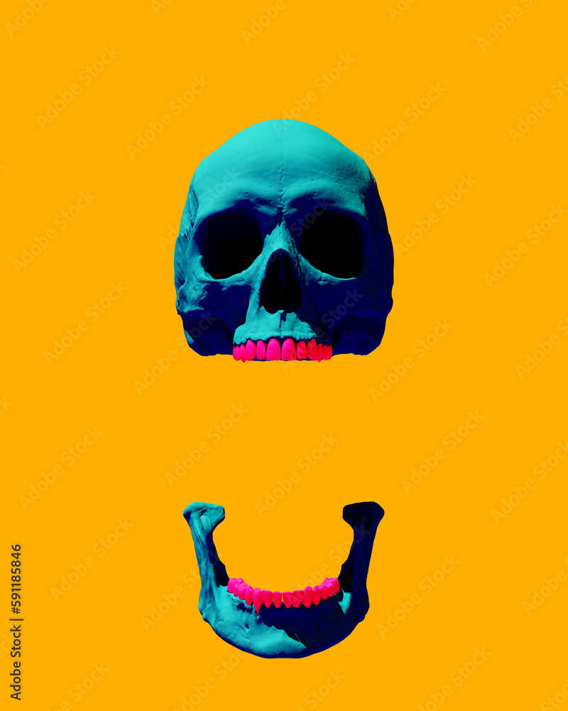 Skull Jaw Floating Blue Pink Teeth Day Sunny Yellow Background High ...