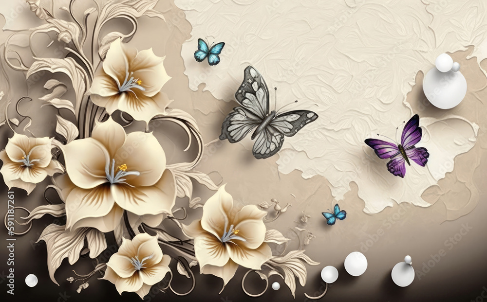 3D wallpaper flower and butterflies on texture background design for ...