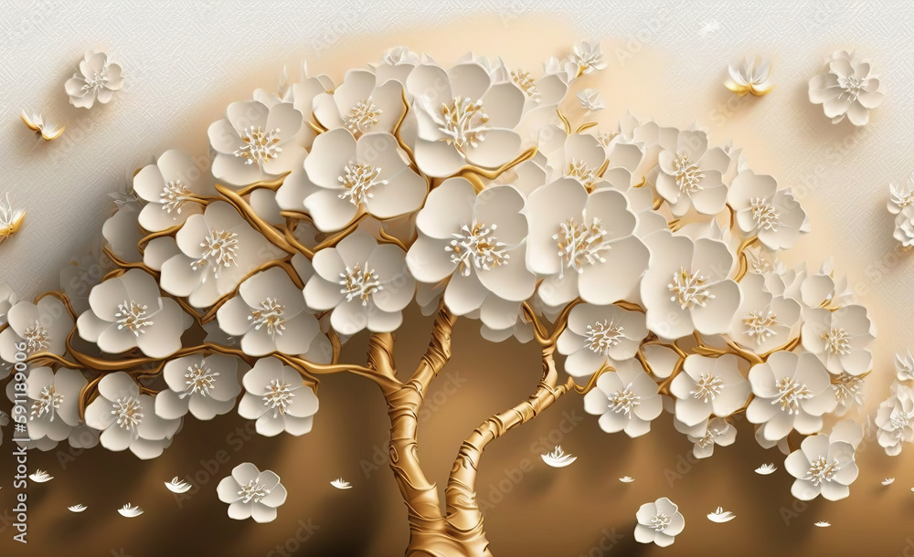 3d picture of a golden tree with white flower beautiful design ...