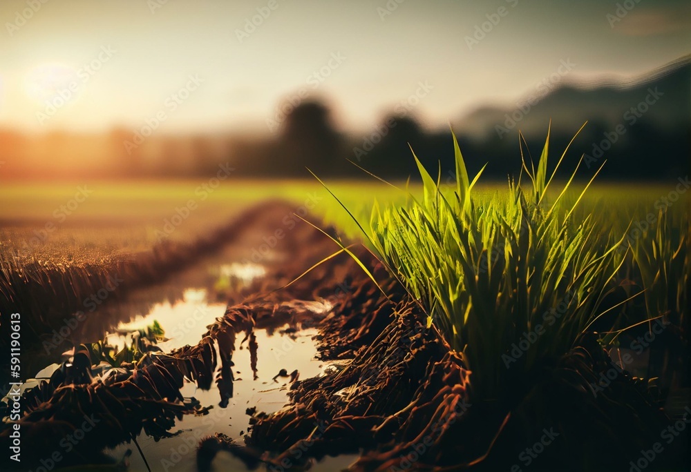 Rice field blur background with Smart agriculture farming AOT Increase ...