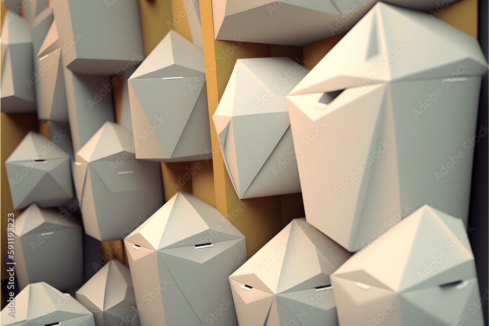 closeup of white low poly envelopes and postboxes3 hanging on thin ...