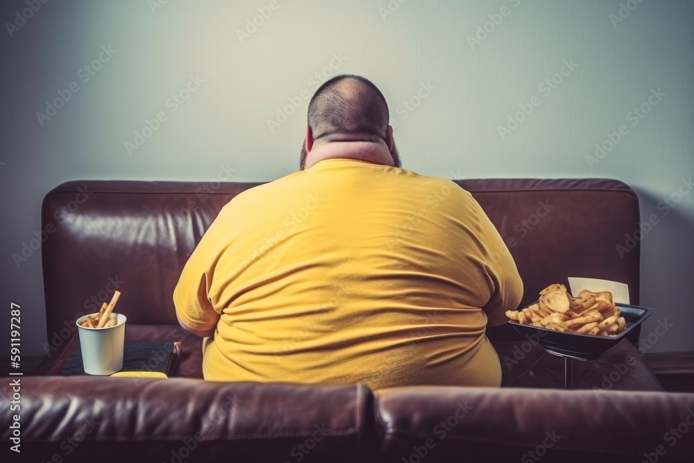 An obese man sitting on the couch eating fast food bad health habits ...