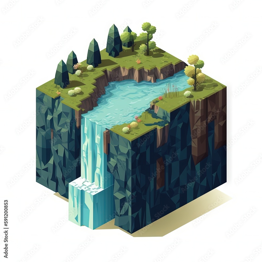 Little cube world illustration, green grass and waterfall, black rock ...
