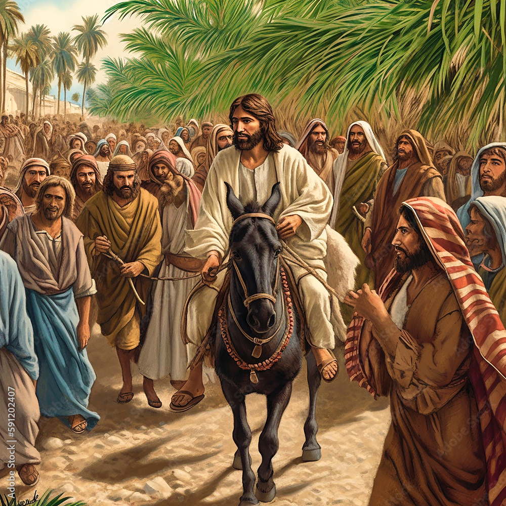 Jesus christ riding a donkey into jerusalem.Ai generativ. Stock ...