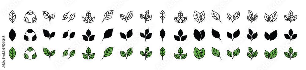 Green leaf icons vector set. Leaf icon in line, flat, and color style ...