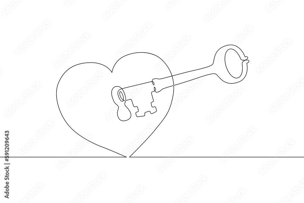 One continuous line.Heart. Key to the heart. The key opens the heart ...