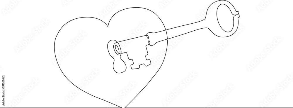 Vecteur Stock One continuous line.Heart. Key to the heart. The key ...