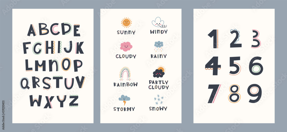 Cute hand drawn posters with rainbow, weather, education elements in ...