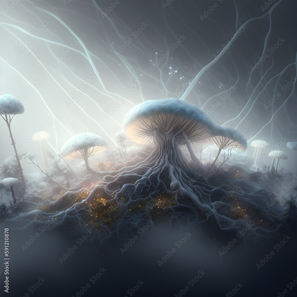 ภาพประกอบสต็อก mycelium network ground covered in spooky fog with ...