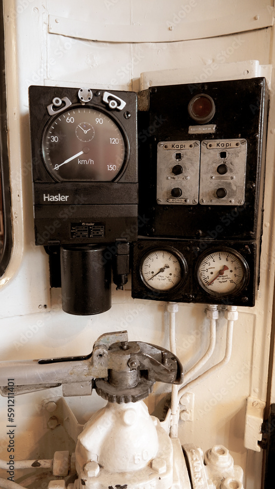 Sirkeci, Istanbul, Turkey April 08, 2023 Engine controls panels, valves ...