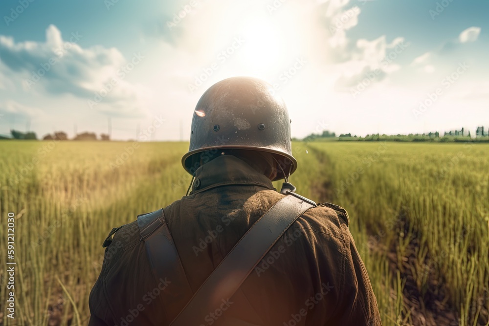 Landscape with World War II soldier from behind, field in the ...