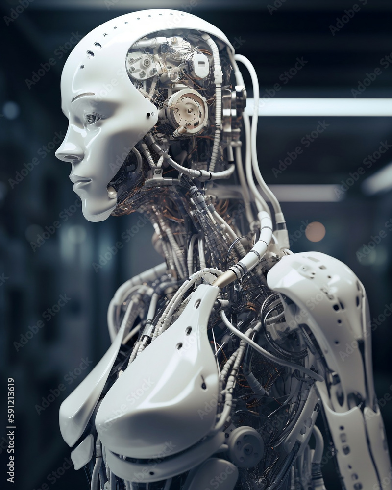 Weiblicher Cyborg, Robotikapparat-Exoskelett-Innendetails, geringe ...