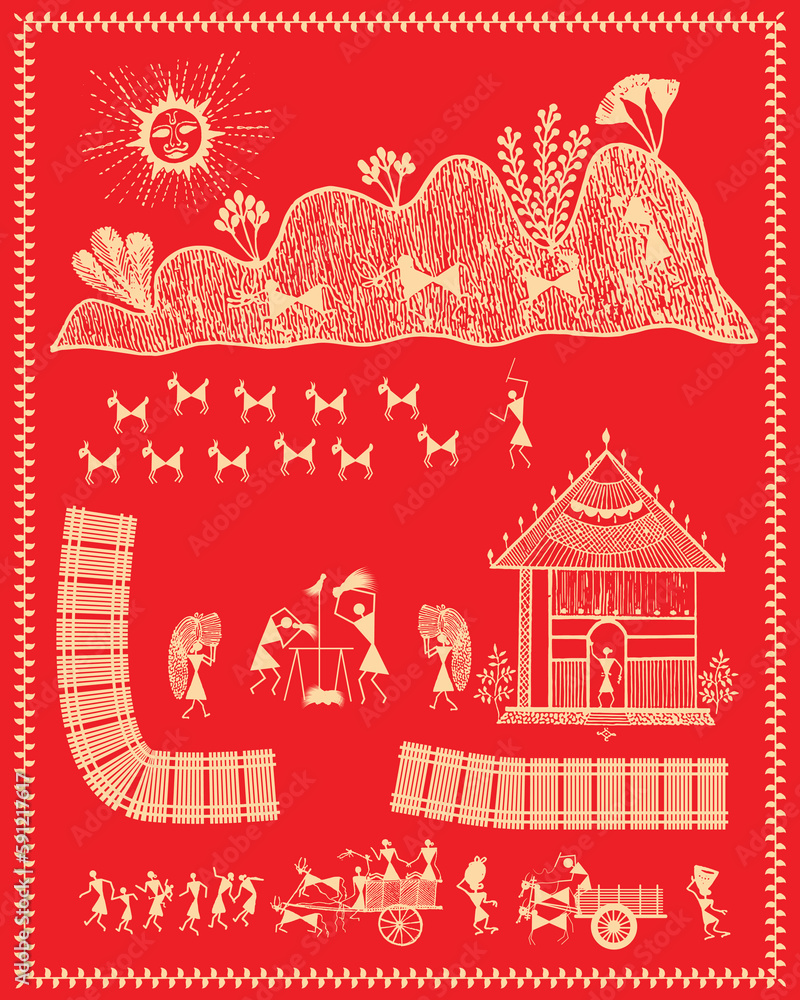 Beautiful warli painting. True life in indian village. India farming ...