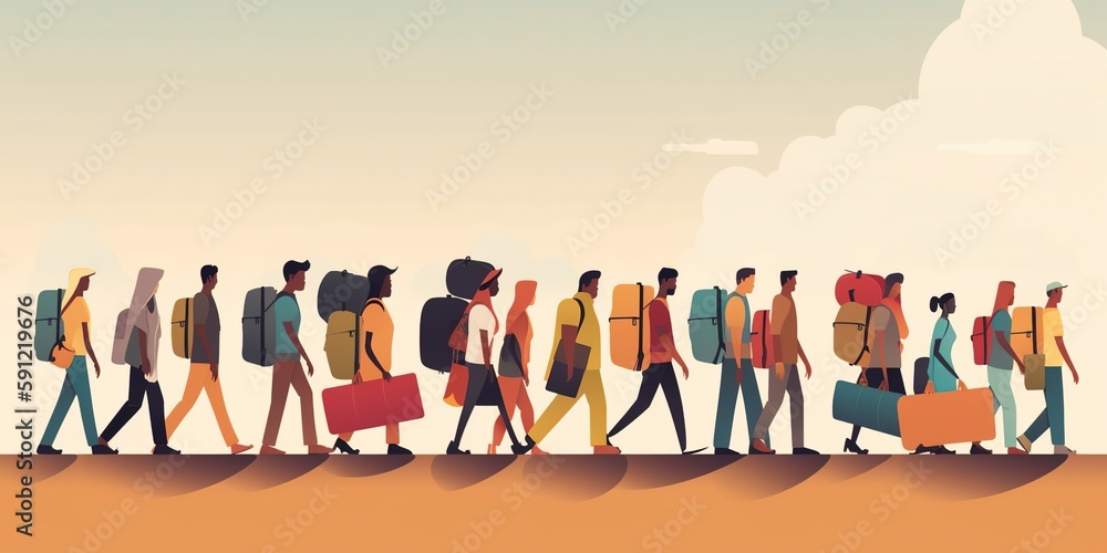 long line of people carrying their belongings on their backs crosses ...