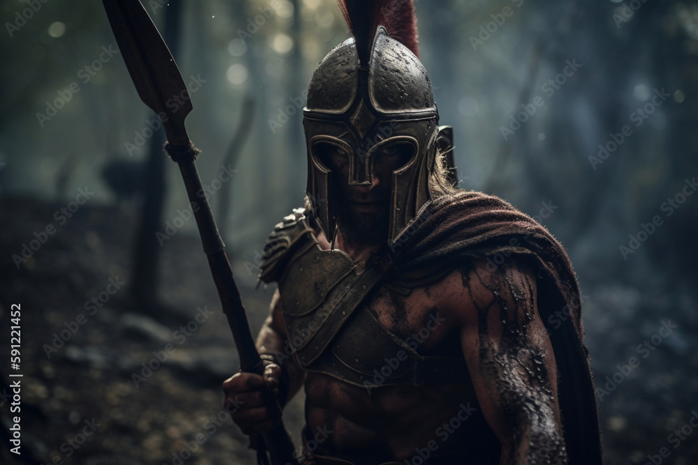 Portrait of a Spartan with a spear in armor and a Corinthian helmet in ...