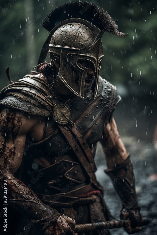 Portrait of a Spartan in armor and a Corinthian helmet under heavy rain ...