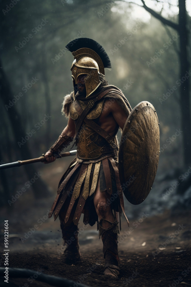 Portrait of a Spartan in the forest with a spear and shield dressed in ...