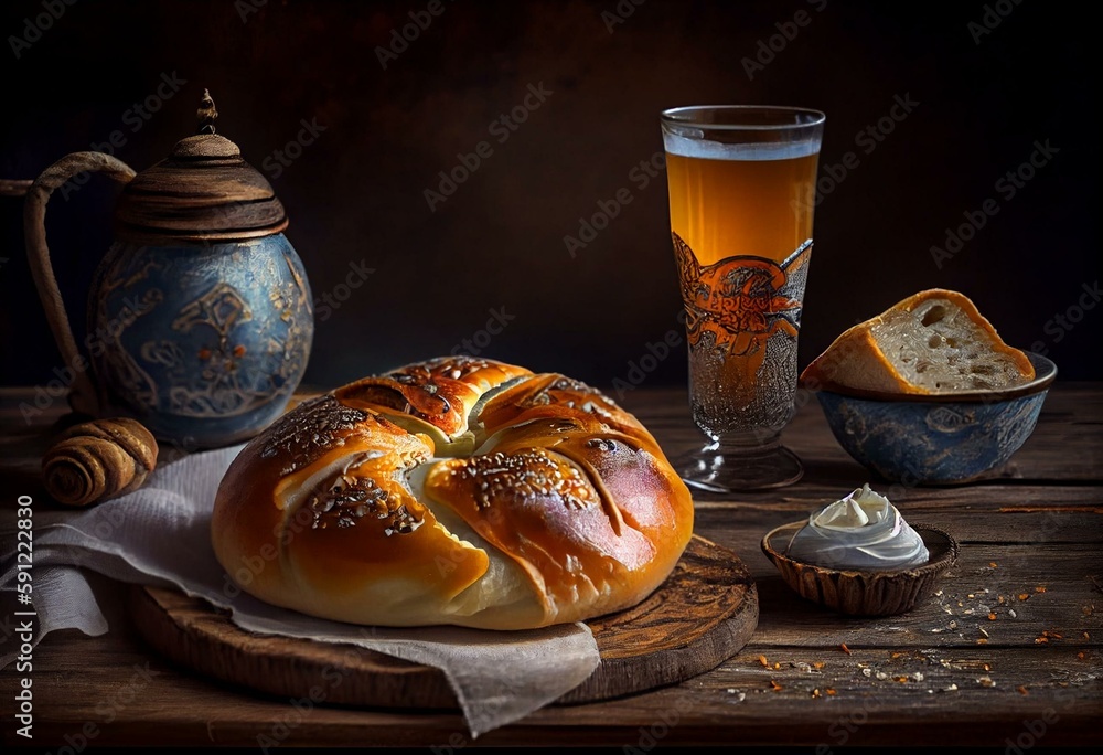 Traditional Turkish pastry concept with a pogaca and a bagel on a ...