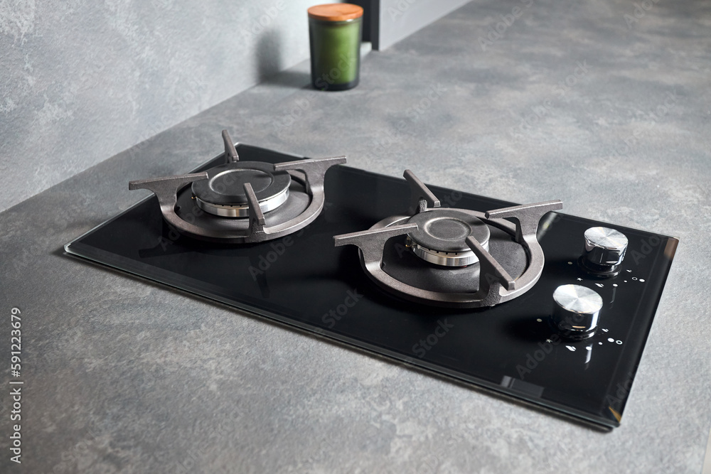 Contemporary black tempered glass gas stove hob with Two burners with ...