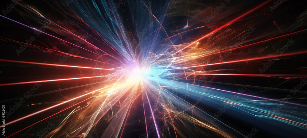 Powerful explosion of colliding particles, science concept. Burst of ...