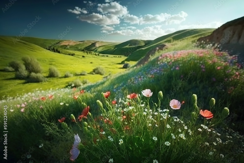 Abundance of flowers in a green field. Small zone of focus in a natural ...