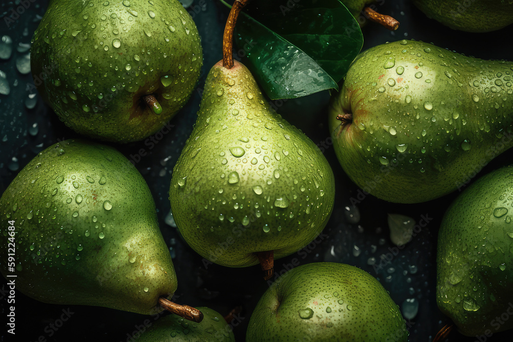 Fresh green pears with water droplet on black background, topdown fruit ...