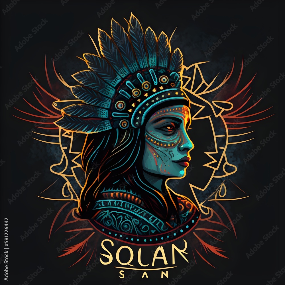 solarpunk vector art portrait logo raven wearing feather crown aztec ...
