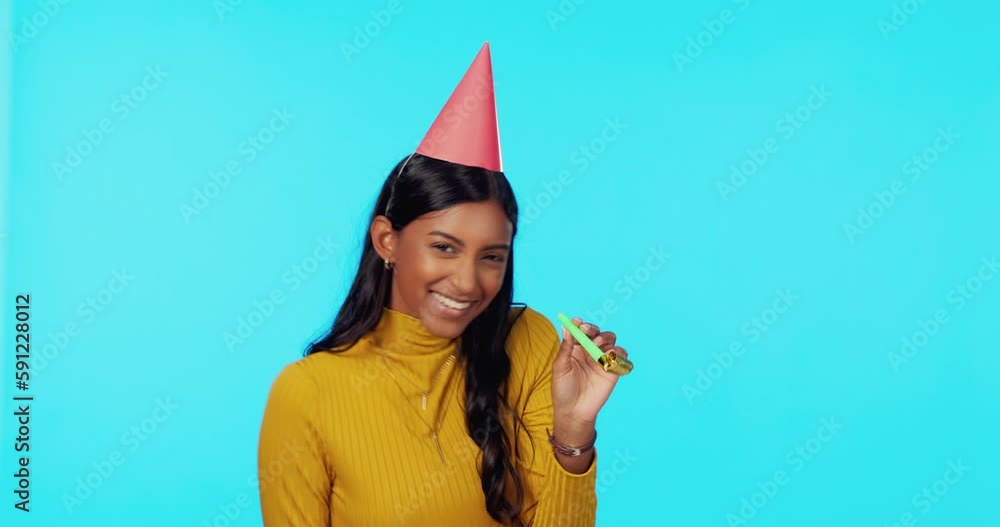 Party, birthday and woman in celebration feeling happy and excited ...