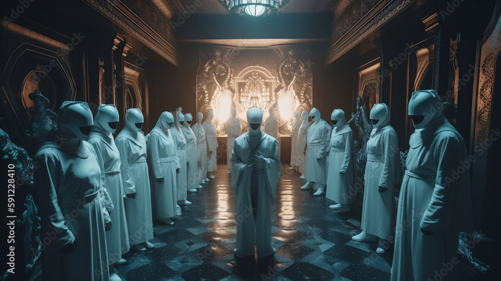 Film still of a cryptic congregation of Illuminati. Created with ...