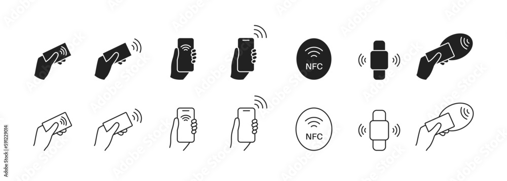 nfc wireless payment icon set. Black and outline. Vector EPS 10 Stock ...