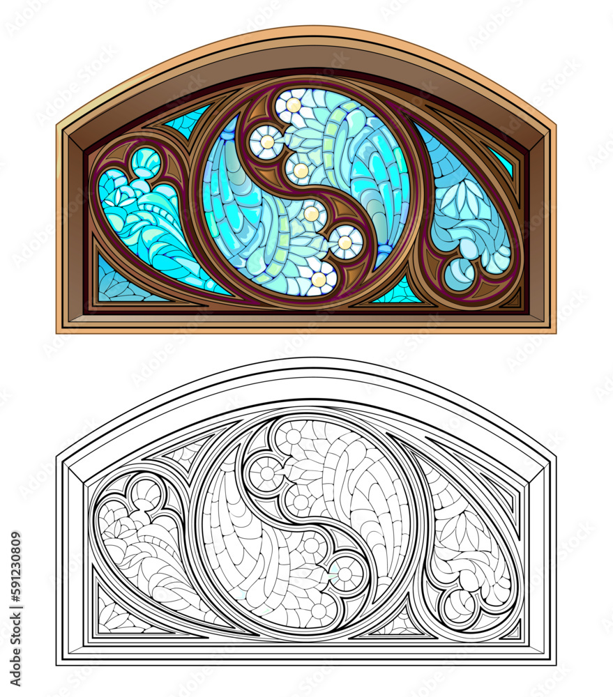 Colorful and black and white illustration of Gothic stained glass ...