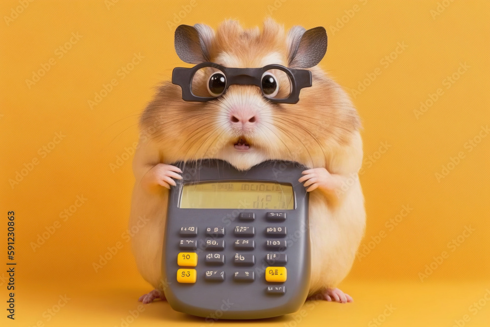 Shocked cute hamster in glasses with surprised eyes and calculator ...
