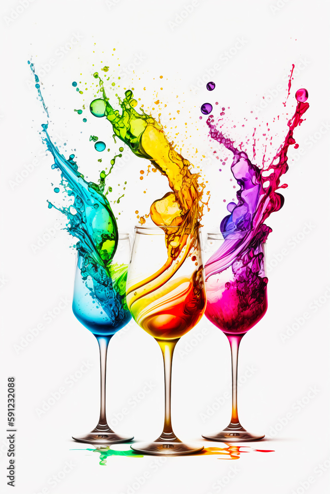 Three Wine Glasses Filled With Different Colored Liquids And Splashing Into Each Other