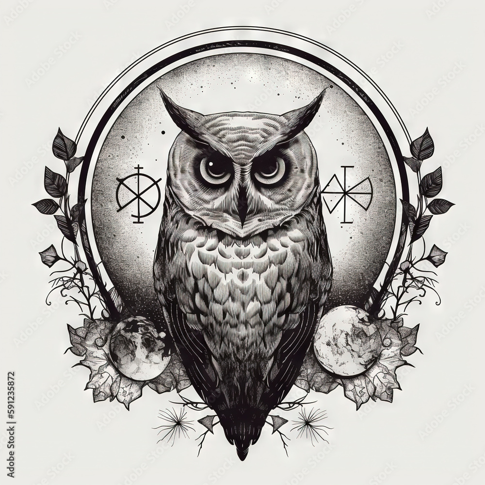 Wild owl with mystic design elements. Occult wise bird black and white ...